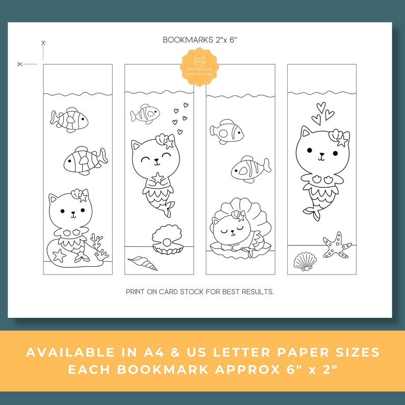 Mermaid Cats Coloring Bookmarks, Bookmarks for Teens, Printable ...