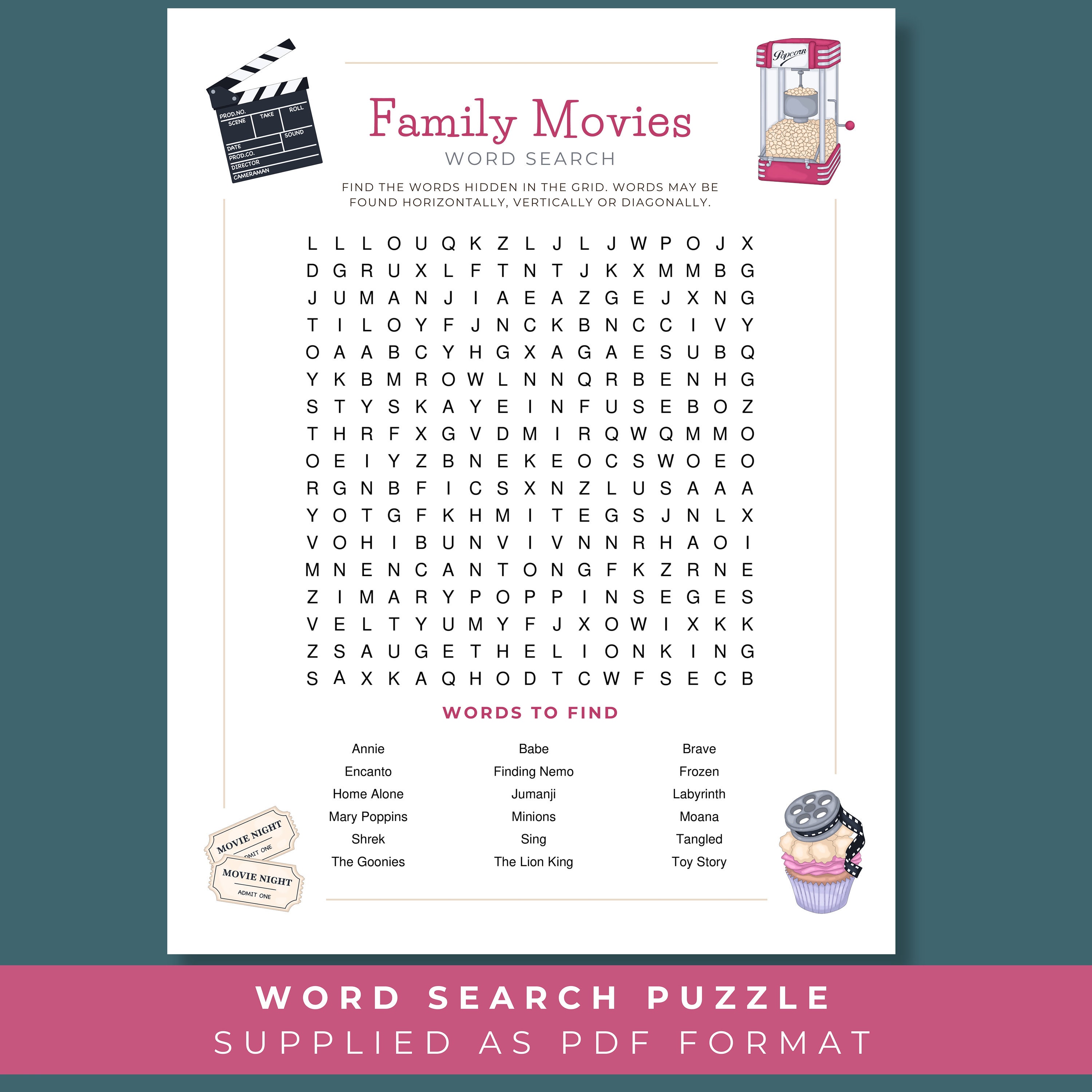 Family Movies Word Search, Printable Movie Night Puzzle Activity, Party ...