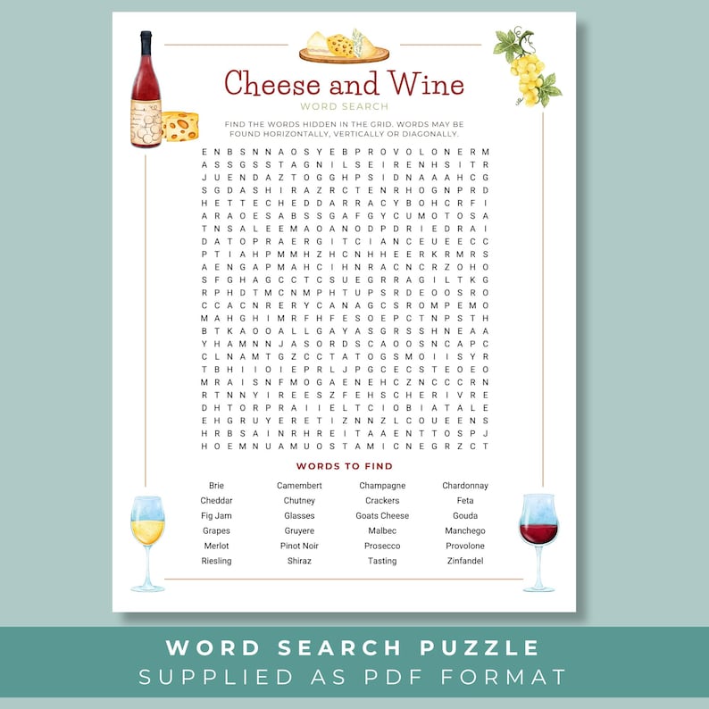Cheese and Wine Word Search Printable, Fun Cheese Lover Activity for ...