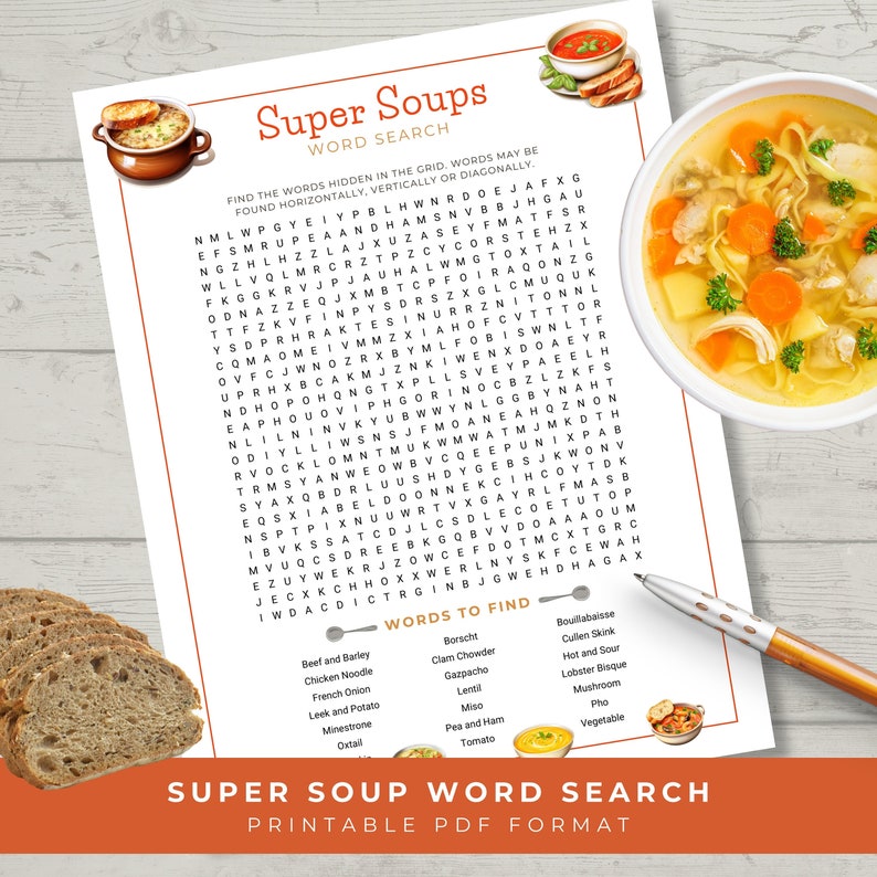 Soup Word Search, Printable Word Search for Adults, Senior Word Search, Fall Puzzle Games ...