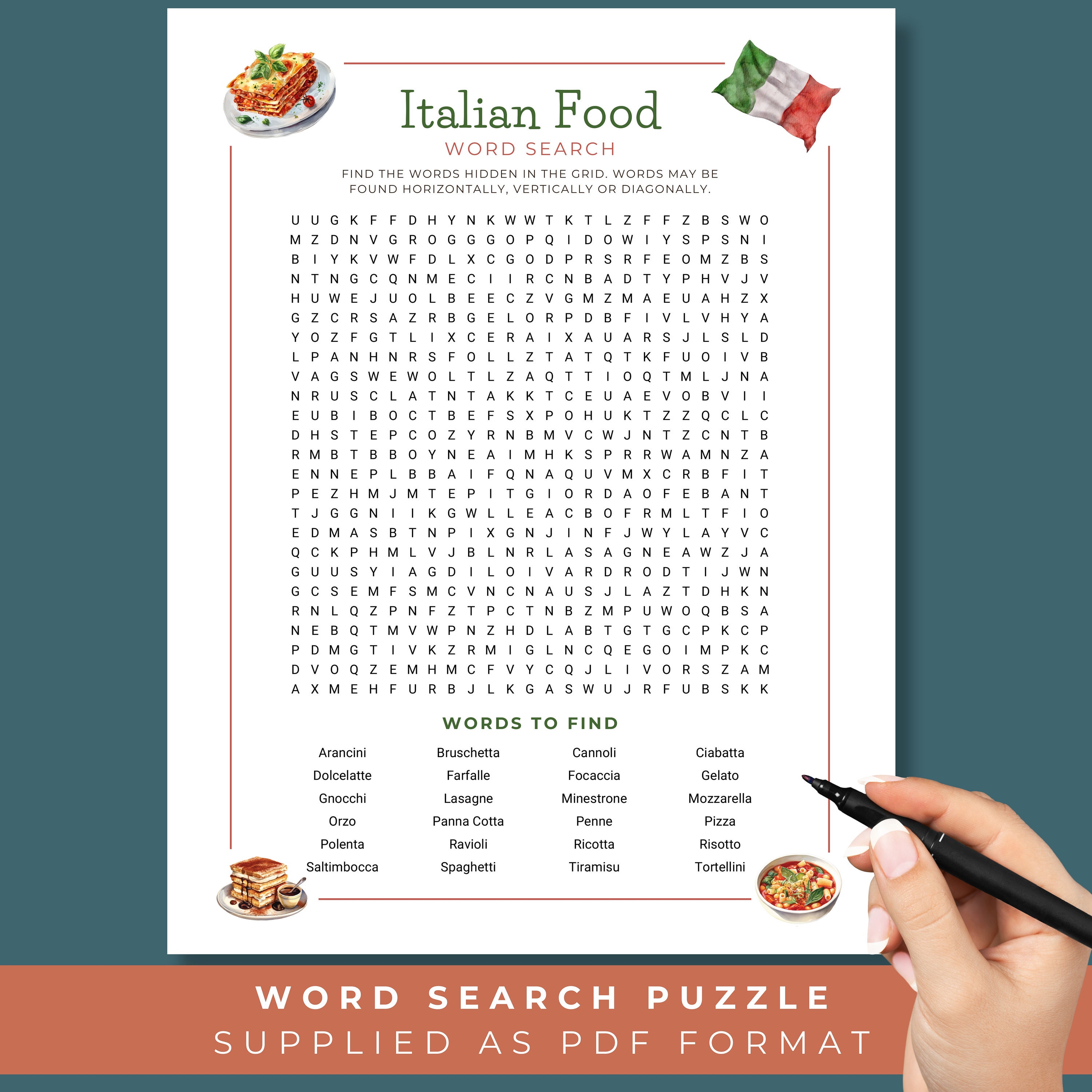 Italian Food Word Search, Pasta Printable Puzzle, Food Games for Adults ...