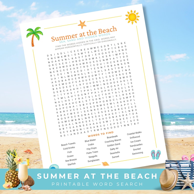 Beach Word Search Printable for Adults and Teens, Beach Party Game ...