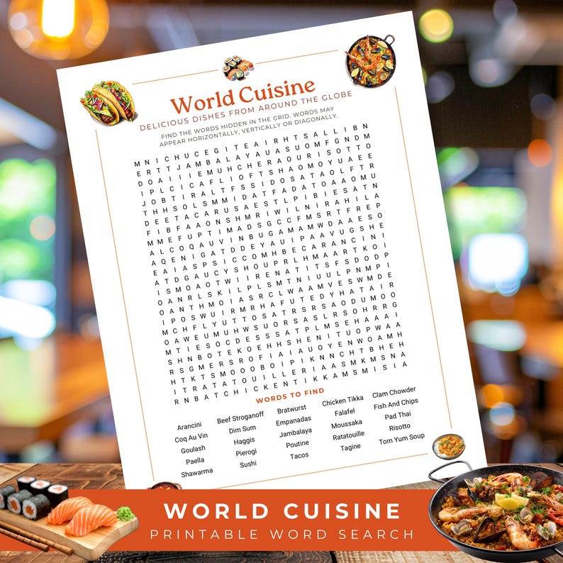 Dinner Party Game Printable, World Food Word Search, Dinner Table ...