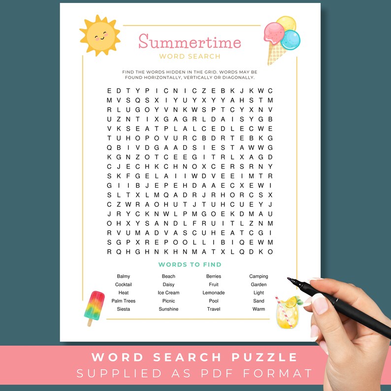 Summer Word Search, Summertime Printable Puzzle, Summer Word Games ...