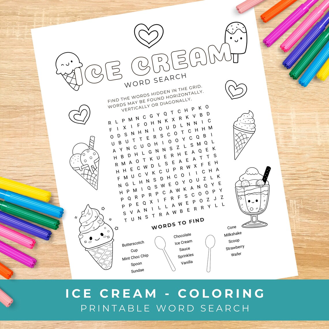 Ice Cream Word Search, Printable Coloring Word Puzzle, Ice Cream Party ...