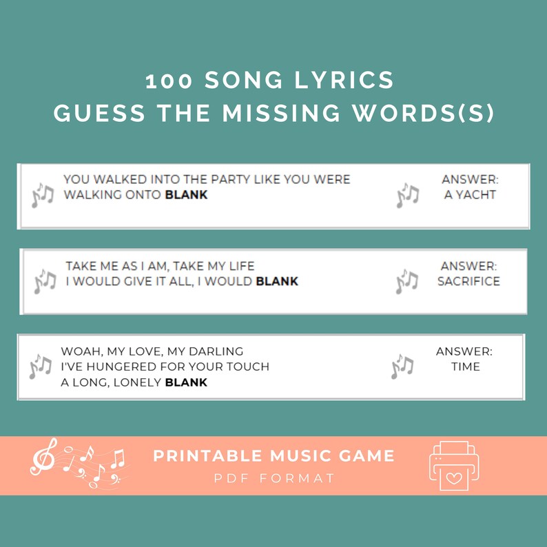 Music Lyrics Quiz, Music Party Game, Pop Songs Triva Game, Office Party ...