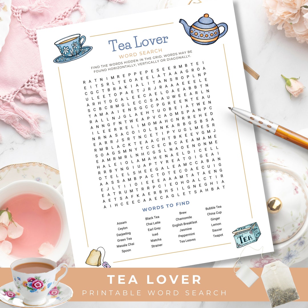 Tea Lovers Word Search, Printable Puzzle Games for Adults, Senior Word ...