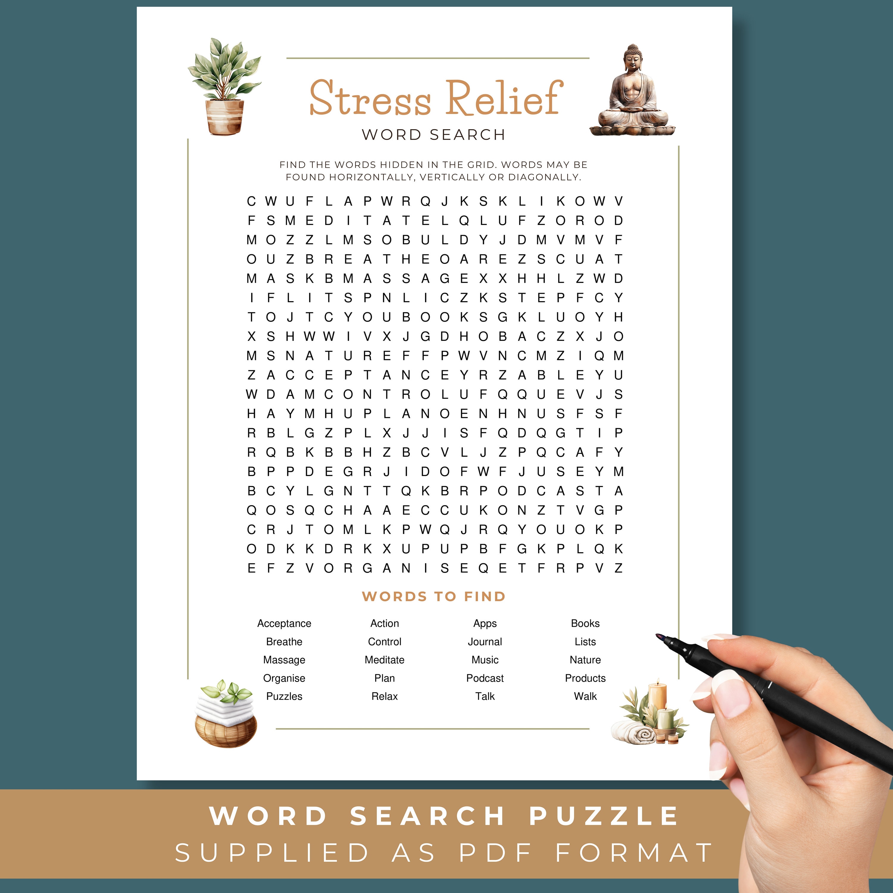 Stress Relief Word Search, Self-care Printable Activity, Stress ...