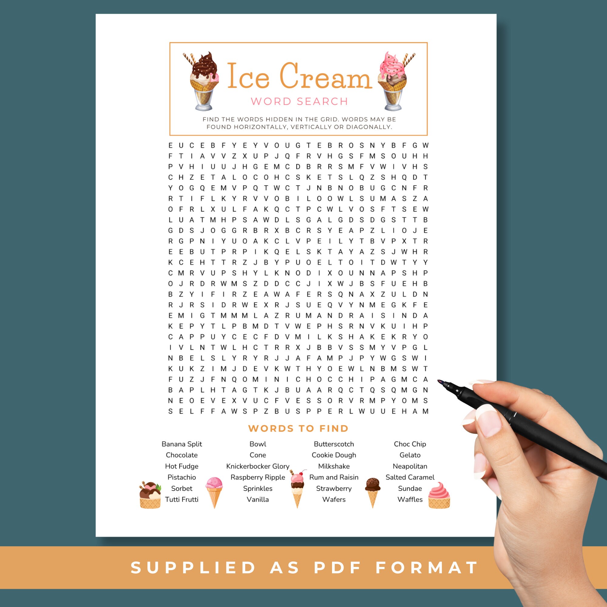 Ice Cream Word Search, Printable Party Game, Food Puzzle Games, Shower ...