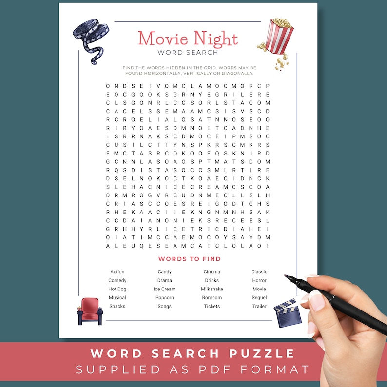 Movie Night Word Search, Movie Party Printable Game, Cinema Puzzle ...