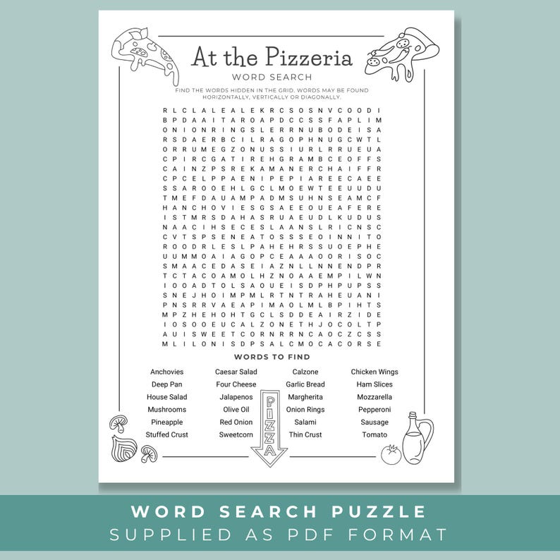 Printable Pizza Word Search for Adults, Pizzeria Food Coloring Puzzle ...