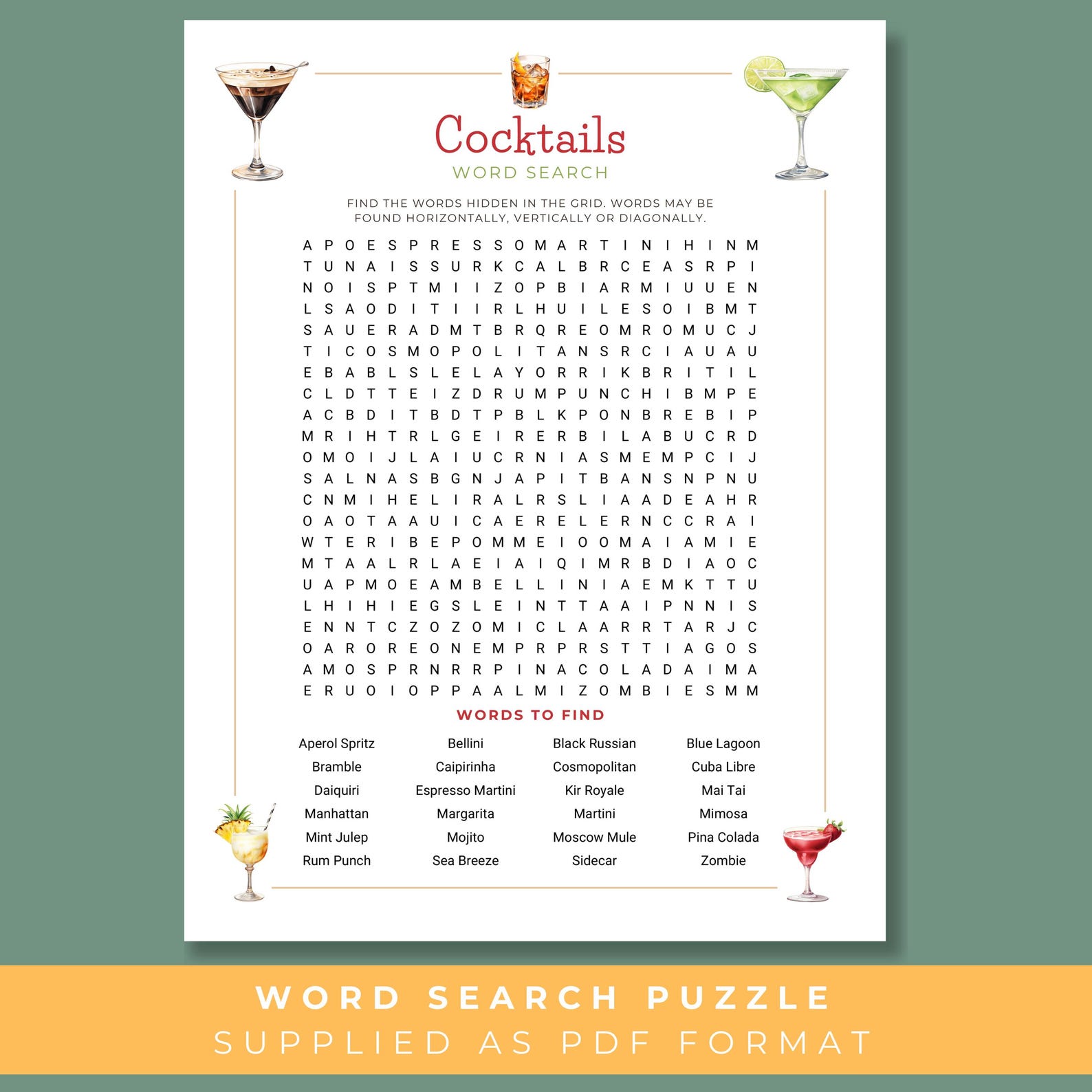 Cocktail Word Search, Printable Cocktail Party Game, Bachelorette Party ...