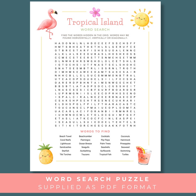 Tropical Island Word Search: Printable Travel Puzzle Game (PDF Format ...