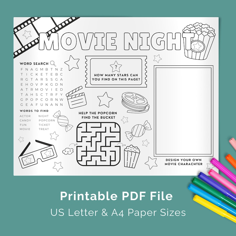 Printable Movie Night Activities for Kids, Coloring Pages & Bookmarks ...