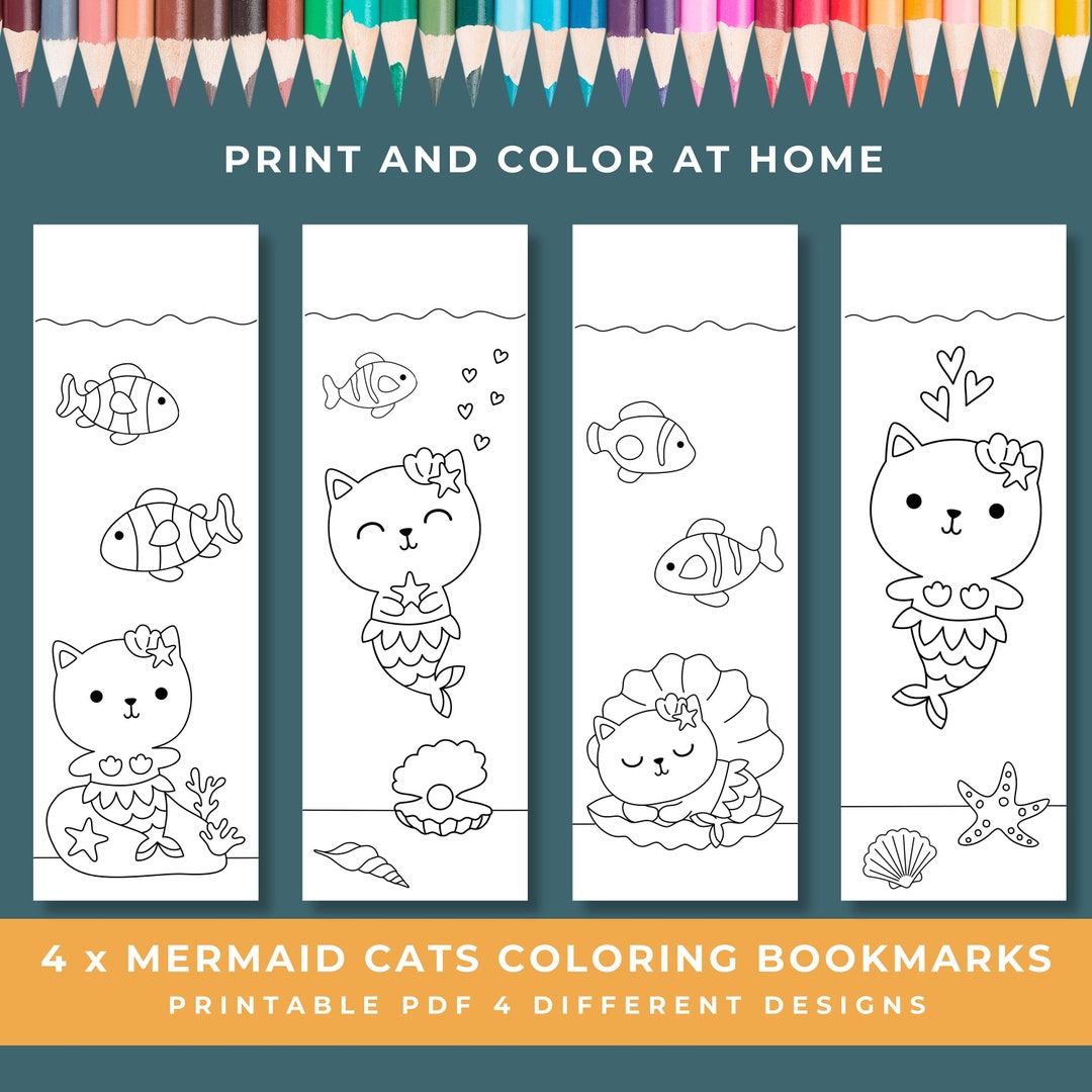 Mermaid Cats Coloring Bookmarks, Bookmarks for Teens, Printable ...