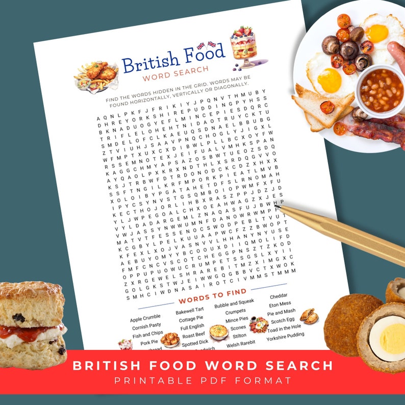 British Food Word Search, Printable British Cuisine Puzzle, Foodie ...