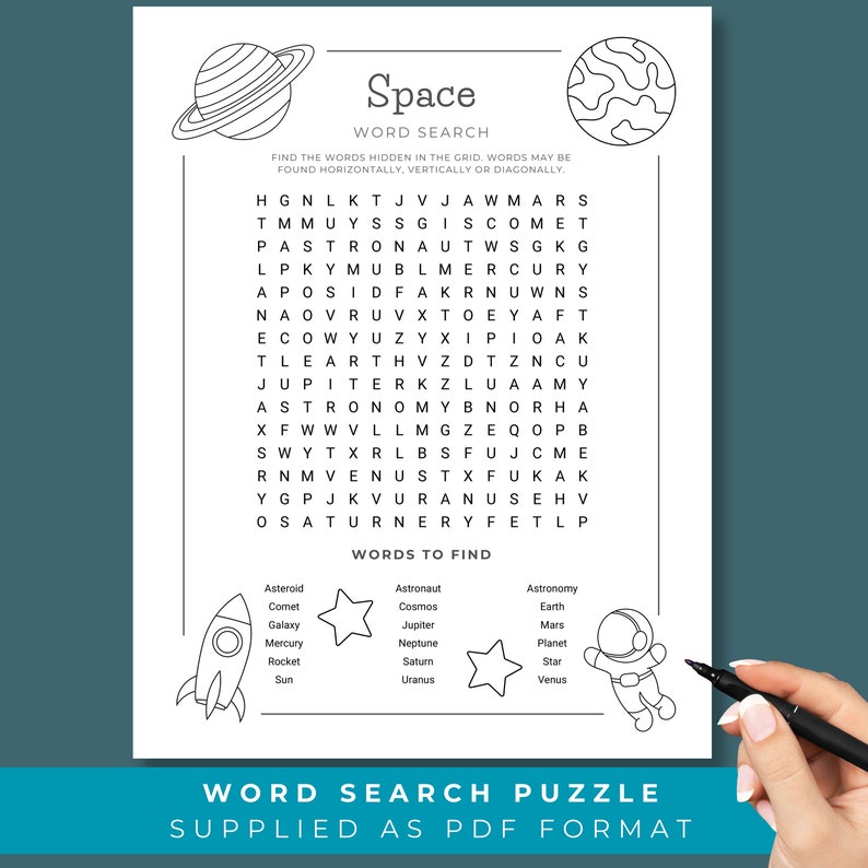 Space Word Search for Kids, Printable Coloring Puzzle Children ...