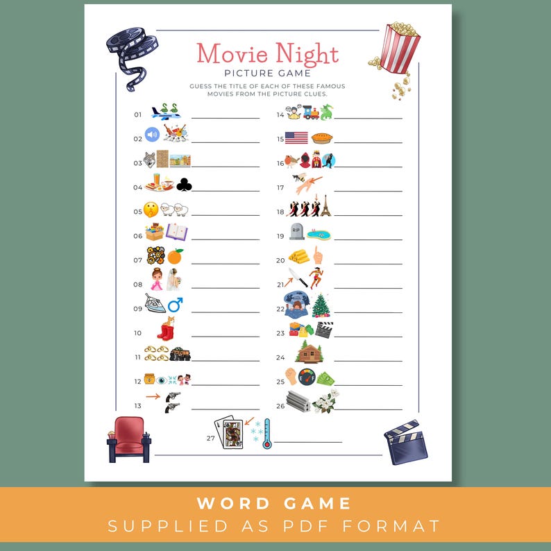 Movie Picture Quiz Game, Movie Night Party Game, Printable Film Quiz ...
