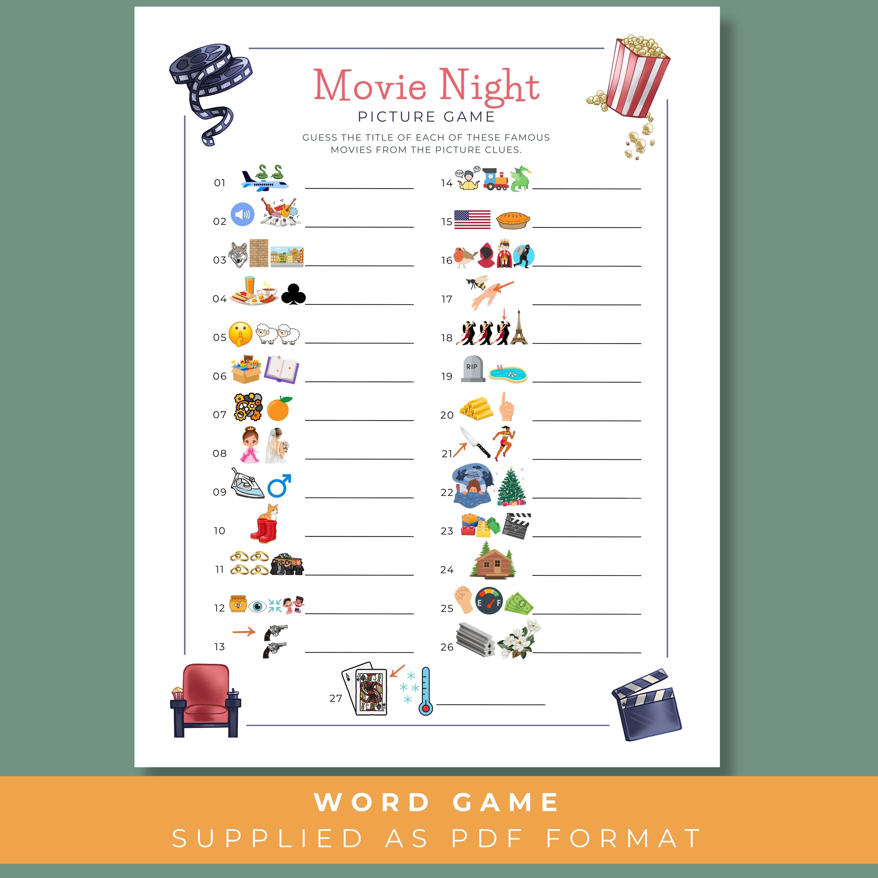 Movie Night Game, Printable Movie Party Games, Family Movie Night ...