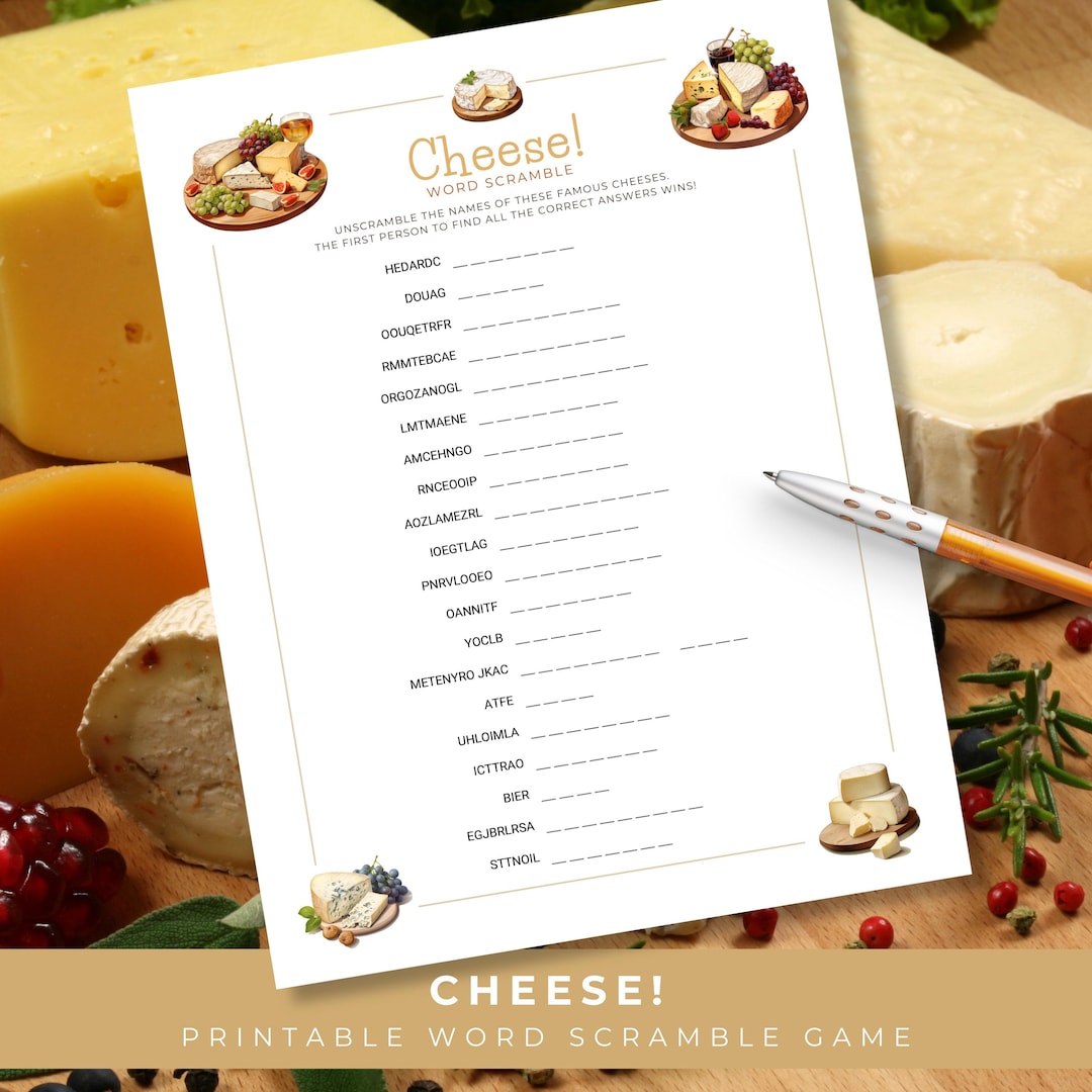 Cheese Word Scramble Game, Printable Dinner Party Activity, Holiday ...