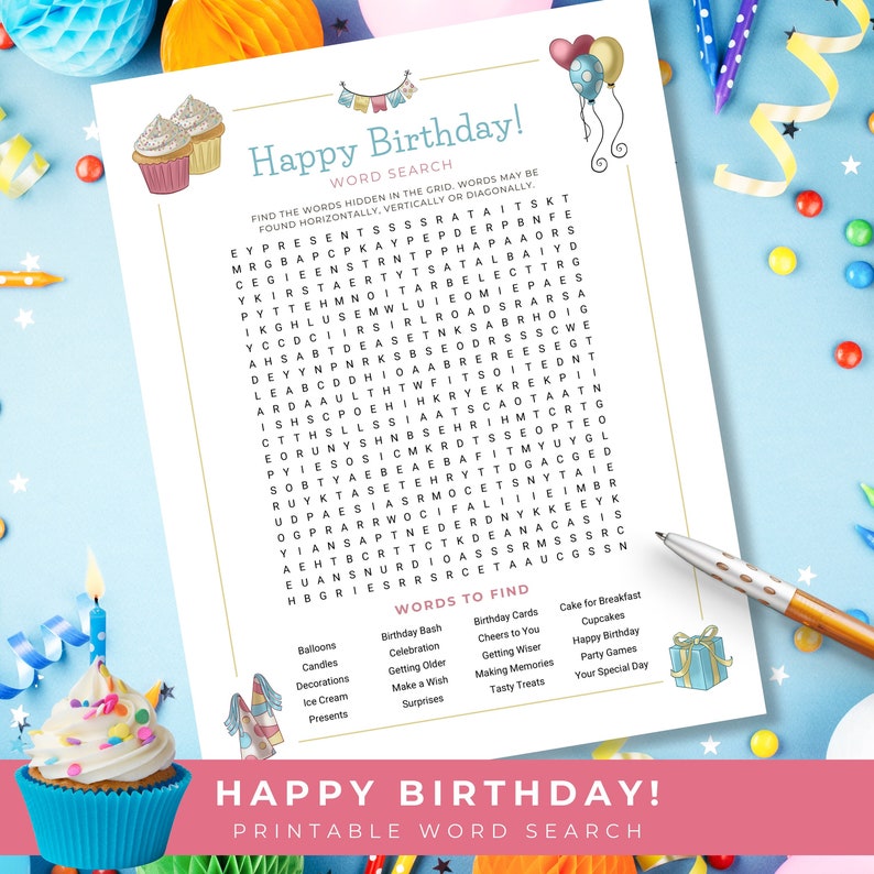 Happy Birthday Word Search, Printable Party Game, Office Birthday ...