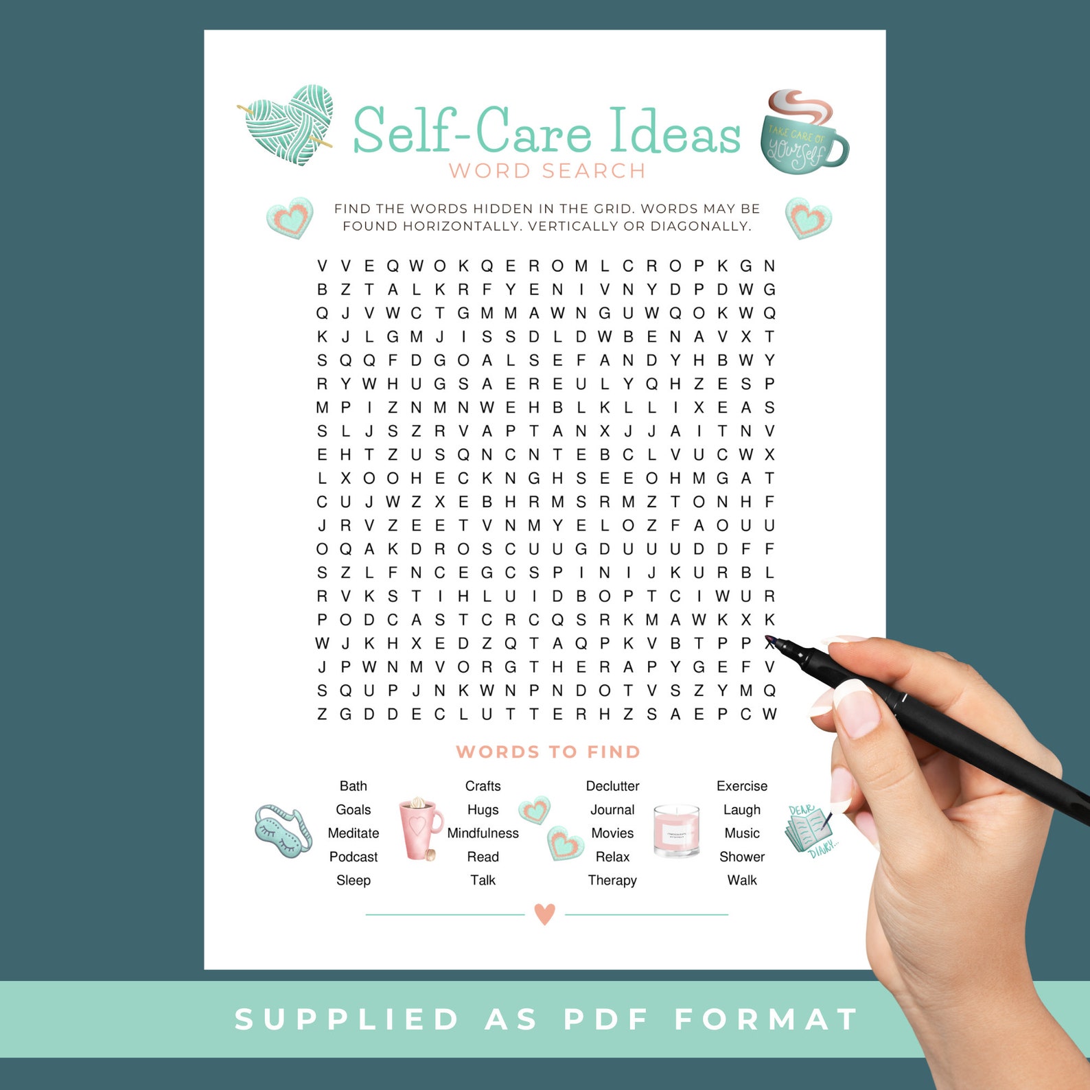 Self-care Word Search, Self Care Printable Word Game, Self-care List ...