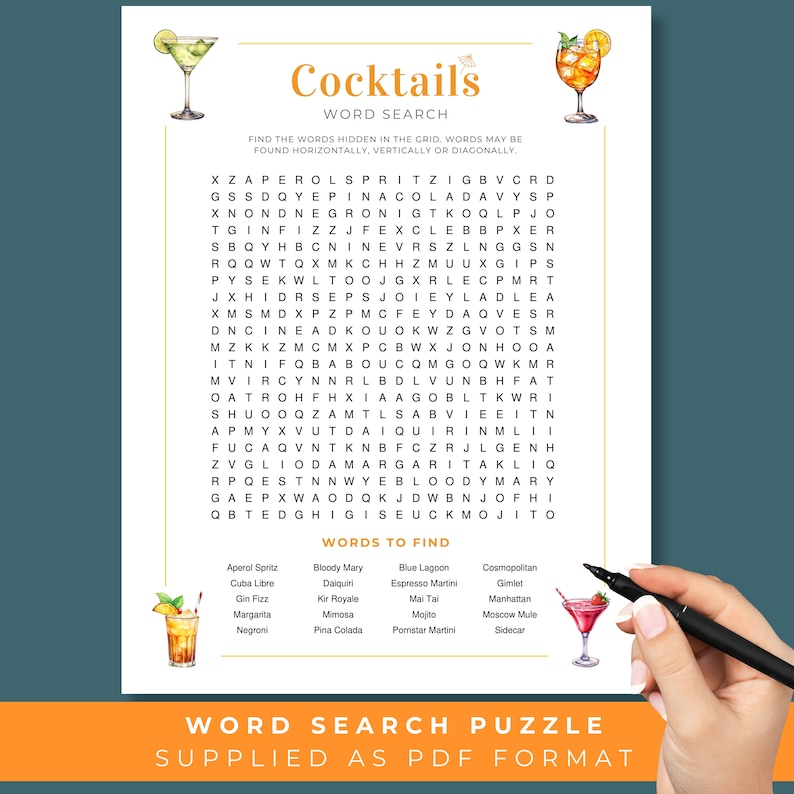 Cocktails Word Search, Printable Game for Adults, Drinking Games ...
