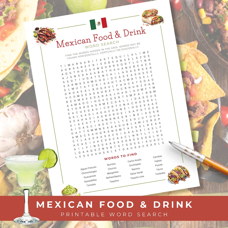 Mexican Food Word Search, Printable Word Puzzle Game, Mexican Theme ...