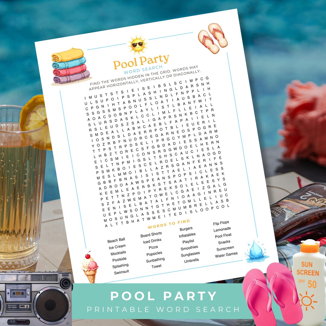 Pool Party Game Printable, Summer Word Search for Teens & Adults ...