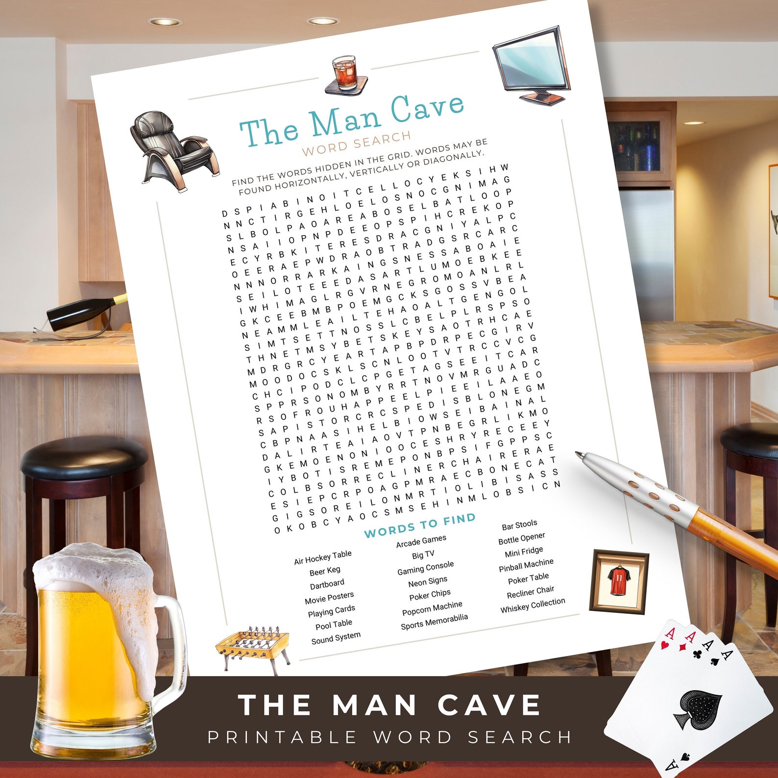 The Man Cave Word Search, Printable Word Search for Men, Father's Day ...