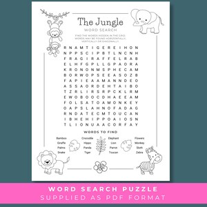 Jungle Word Search for Kids, Jungle Animals Party Printable Coloring ...