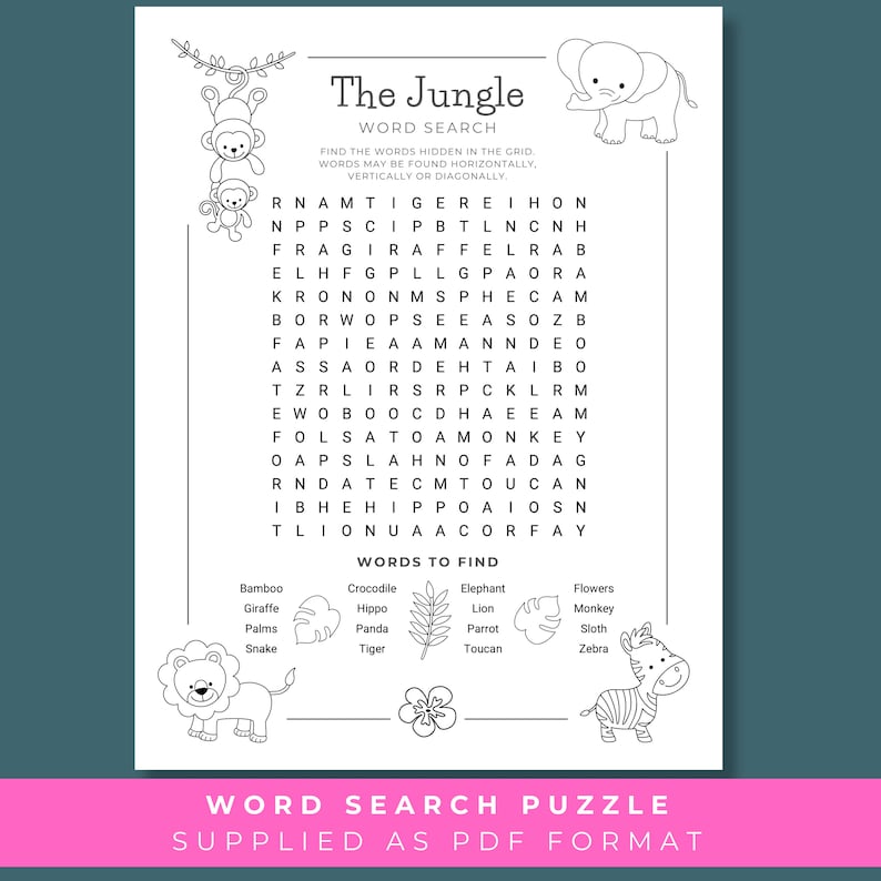 Jungle Word Search for Kids, Jungle Animals Party Printable Coloring ...