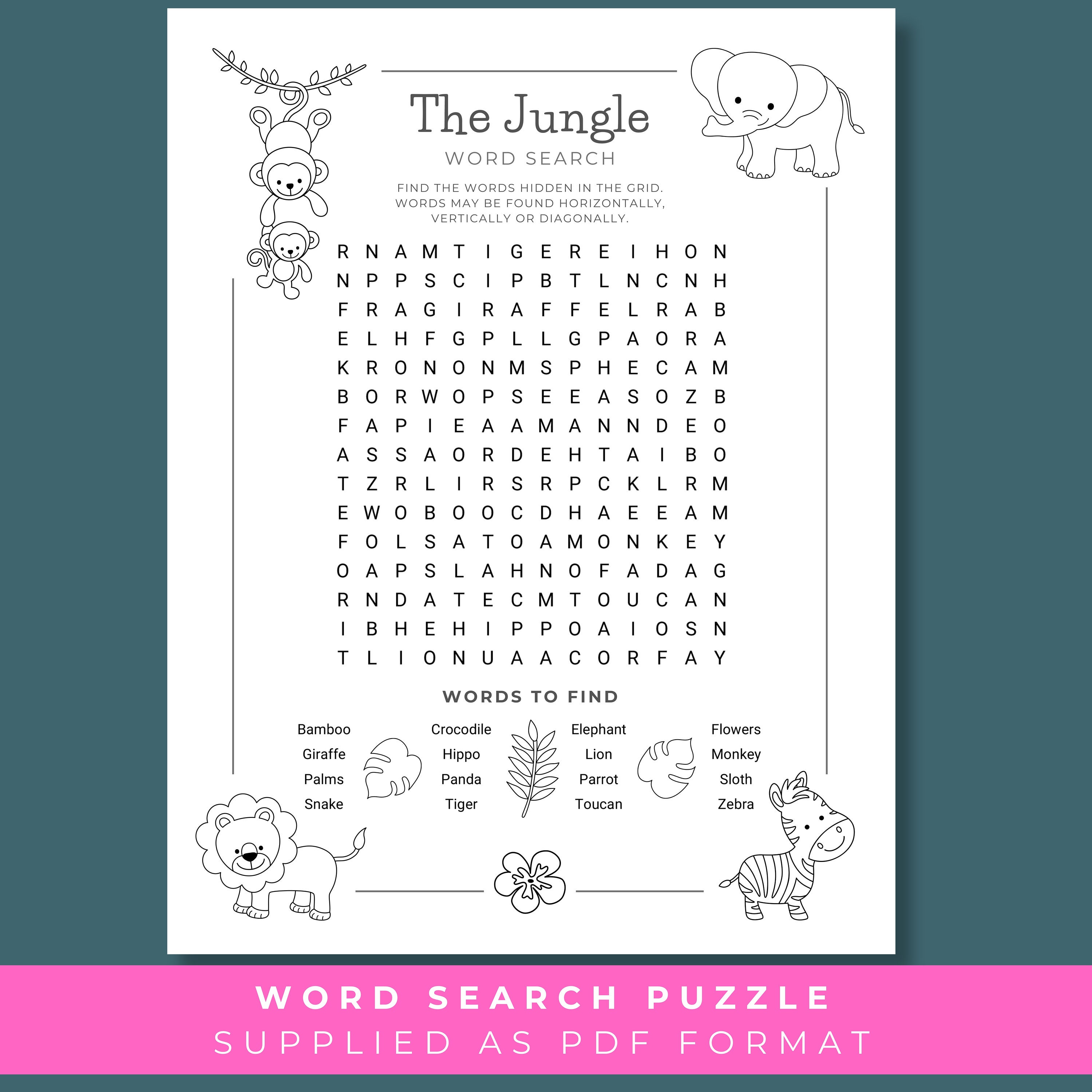 Jungle Word Search for Kids, Jungle Animals Party Printable Coloring ...