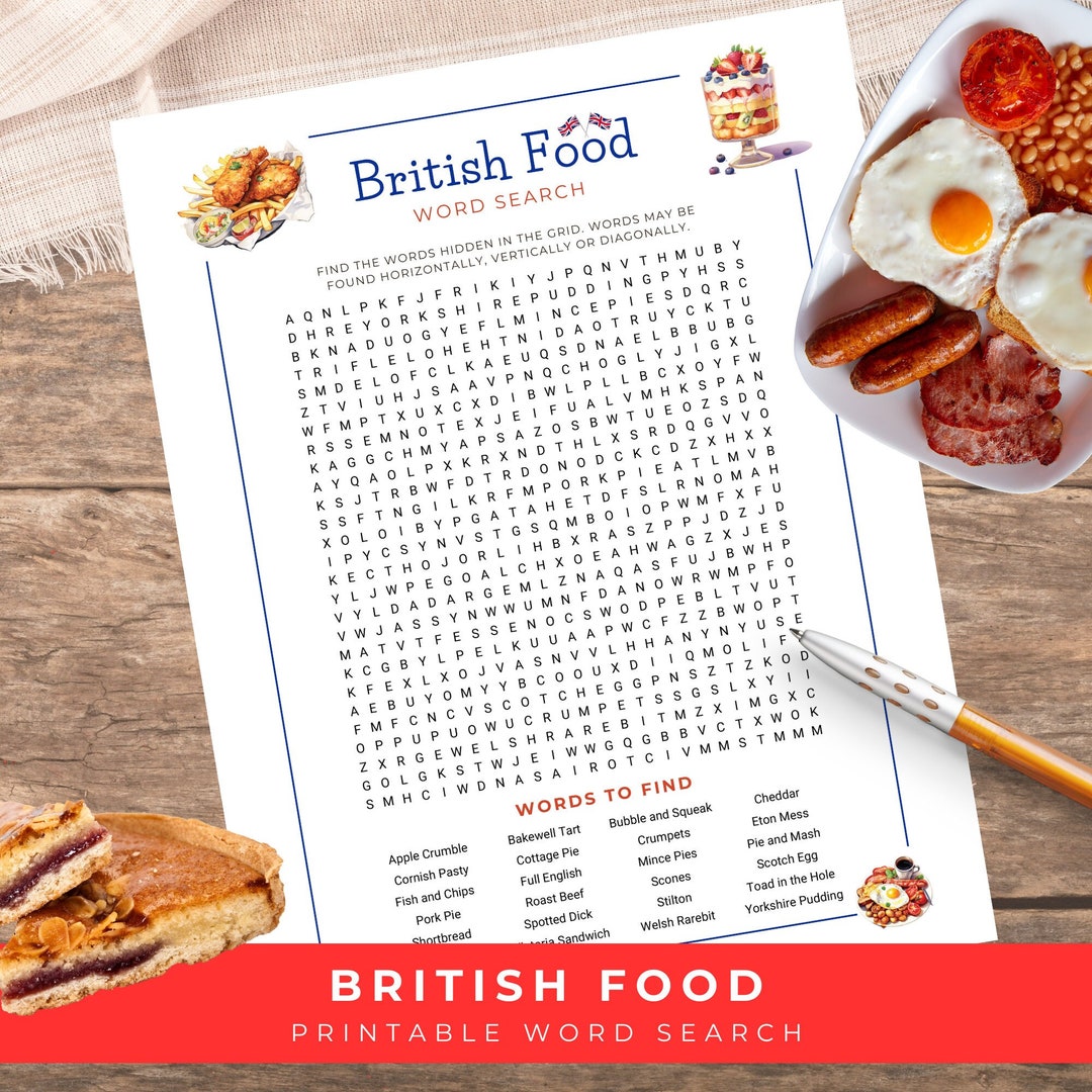 British Food Word Search, Fun Dinner Party Game, Printable Puzzle for ...
