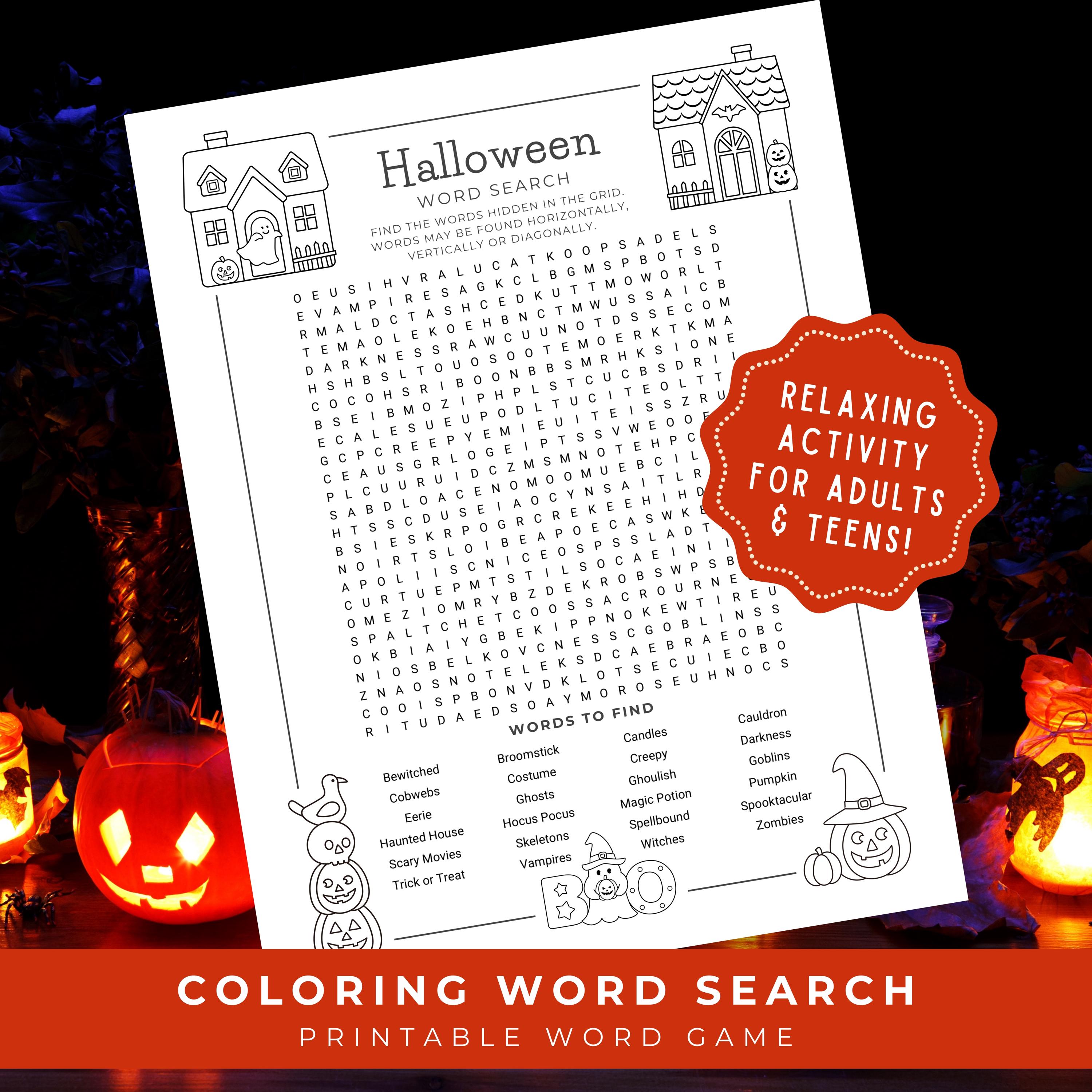 Halloween Word Search & Coloring Page, Spooky Season Adult Puzzle, Fall ...