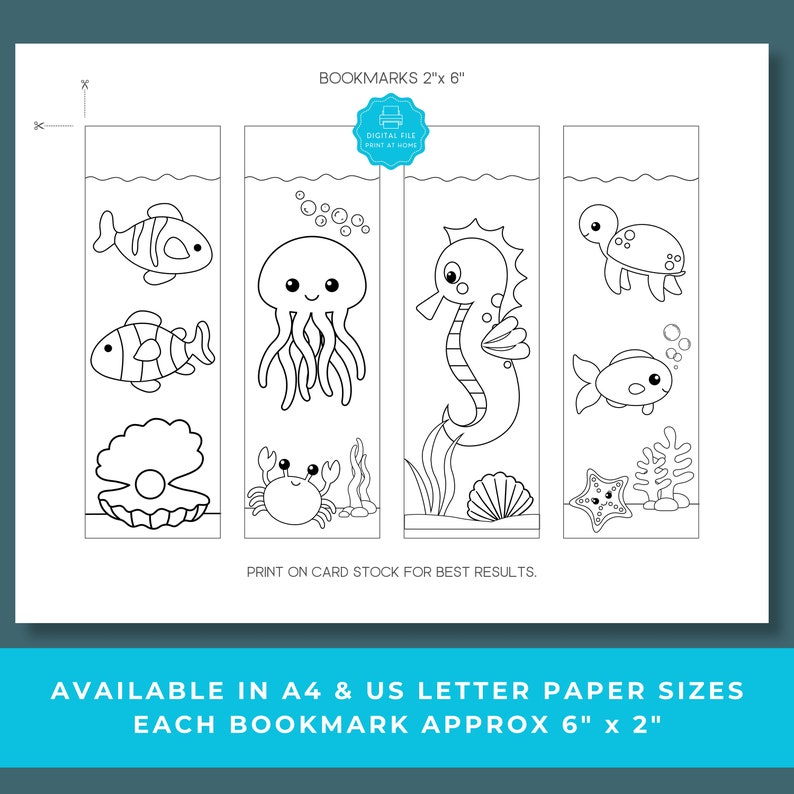 Sea Life Coloring Bookmarks, Ocean Printable Bookmarks to Color In ...