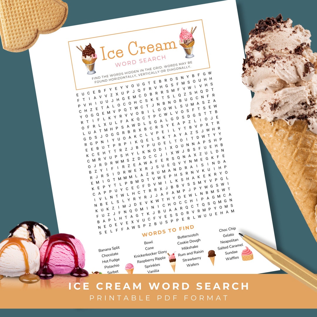 Ice Cream Word Search, Printable Party Game, Food Puzzle Games, Shower ...