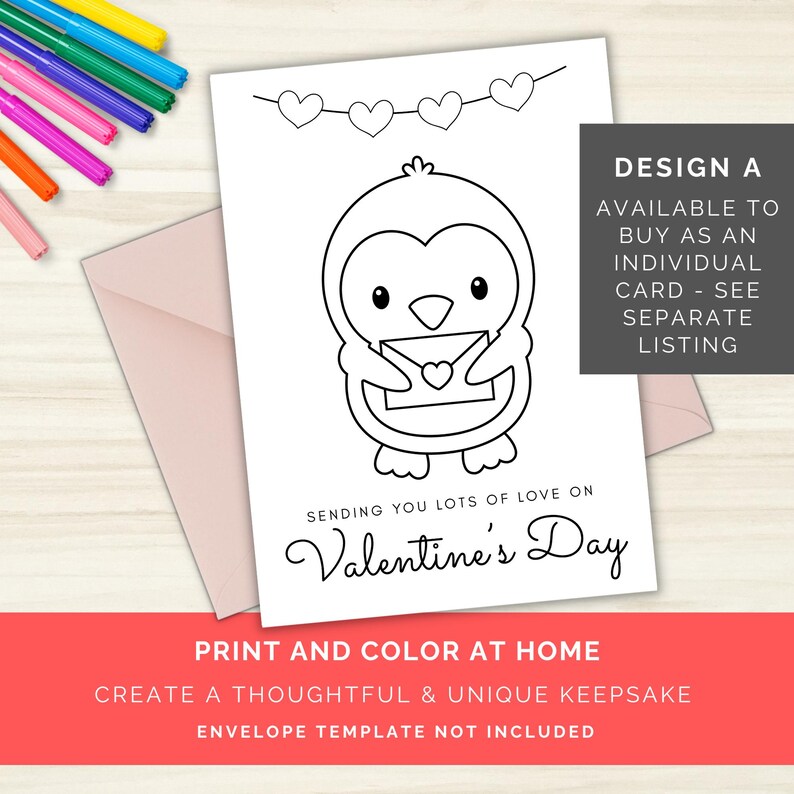 Valentine Coloring Cards Printable, Set of 3 Cute Penguin Valentine’s ...