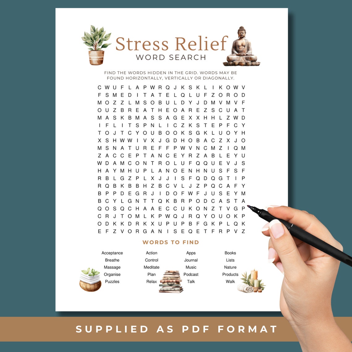Stress Relief Word Search, Self-care Printable Activity, Stress ...