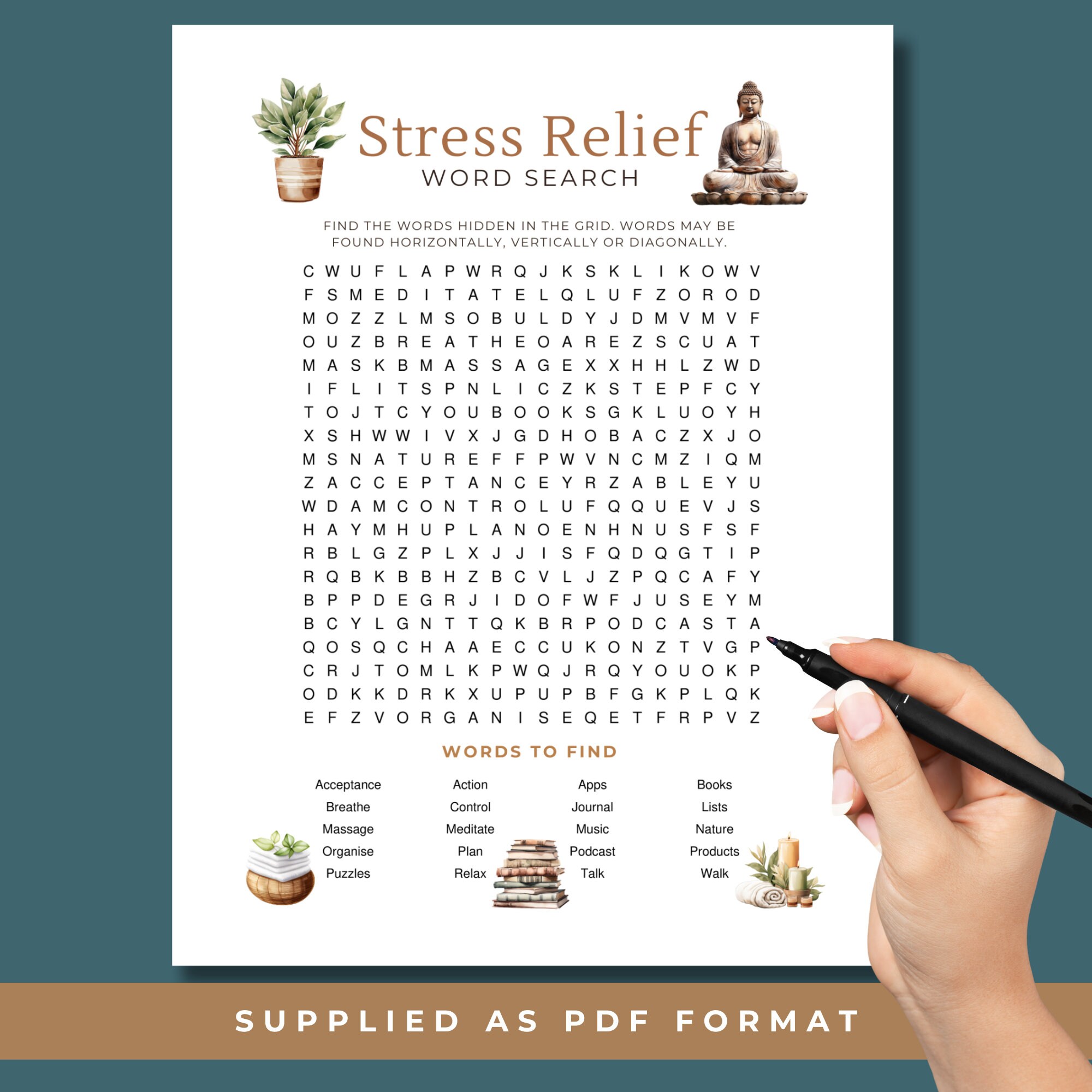 Stress Relief Word Search, Self-care Printable Activity, Stress ...