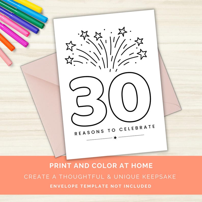 30th Birthday Card to Color, Celebration Coloring Card Printable ...