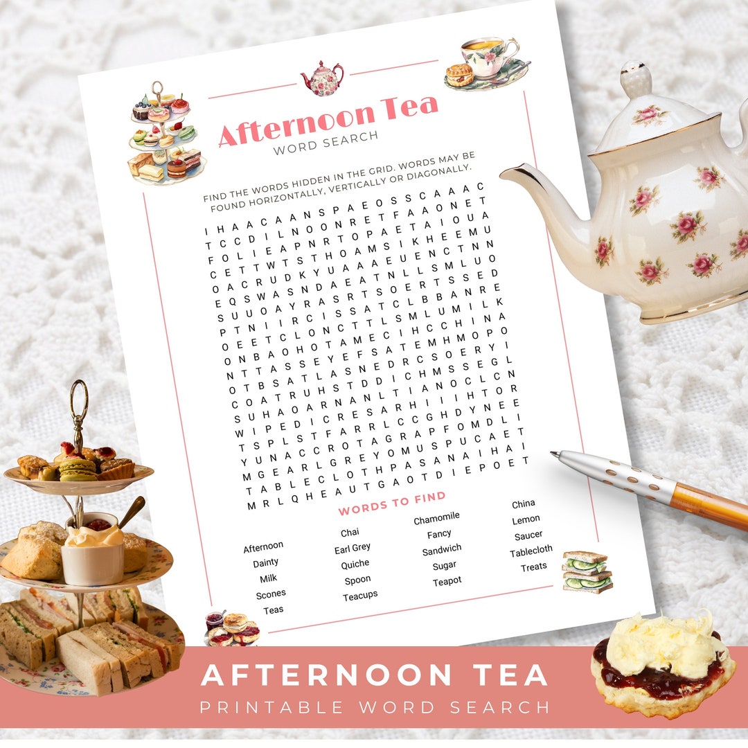 Afternoon Tea Word Search, Tea Party Games, Printable Adult Word Game ...
