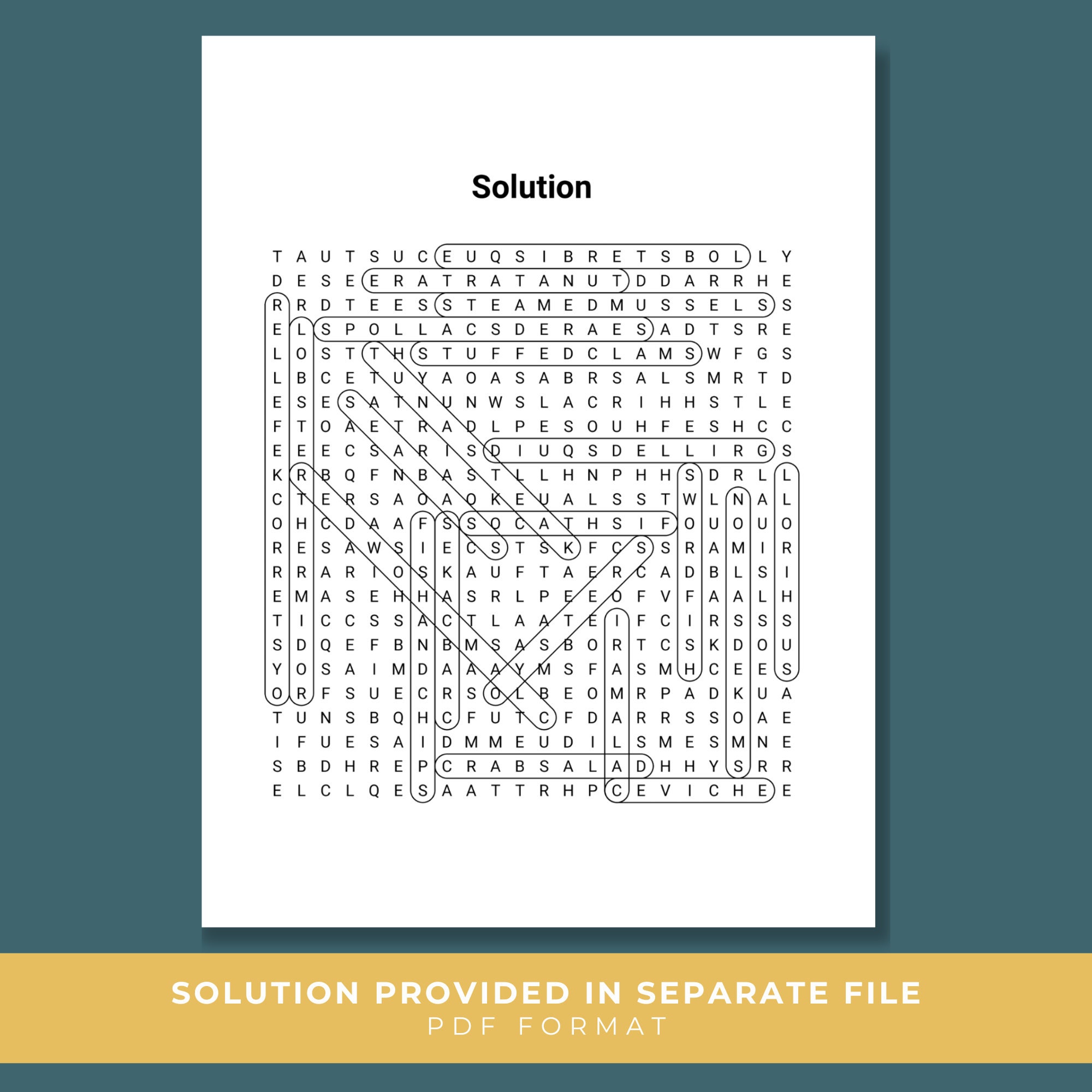 Fish and Seafood Word Search, Printable Seafood Restaurant Party Game ...