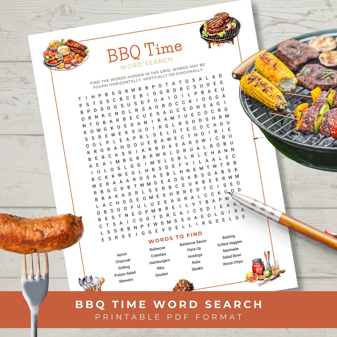 BBQ Word Search, Printable Barbecue Word Puzzle Game for Adults, BBQ ...