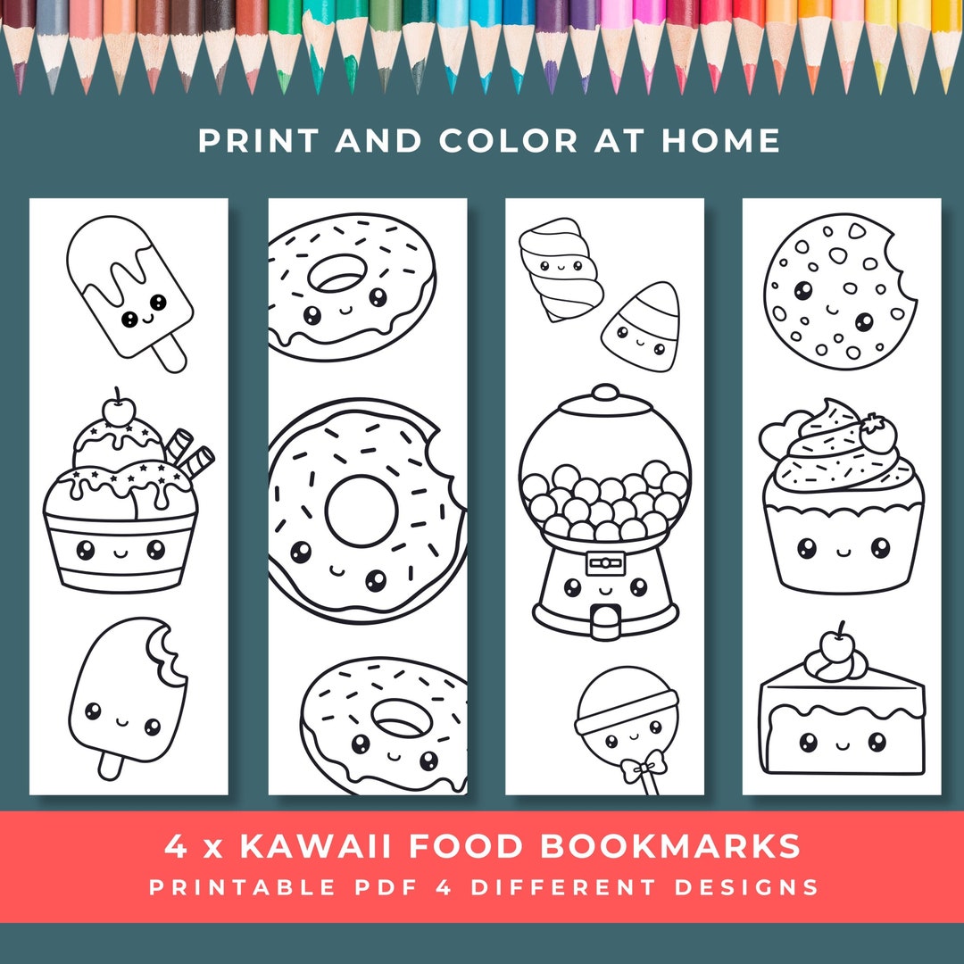 Kawaii Coloring Bookmarks, Printable Bookmarks to Color, Cute Food ...