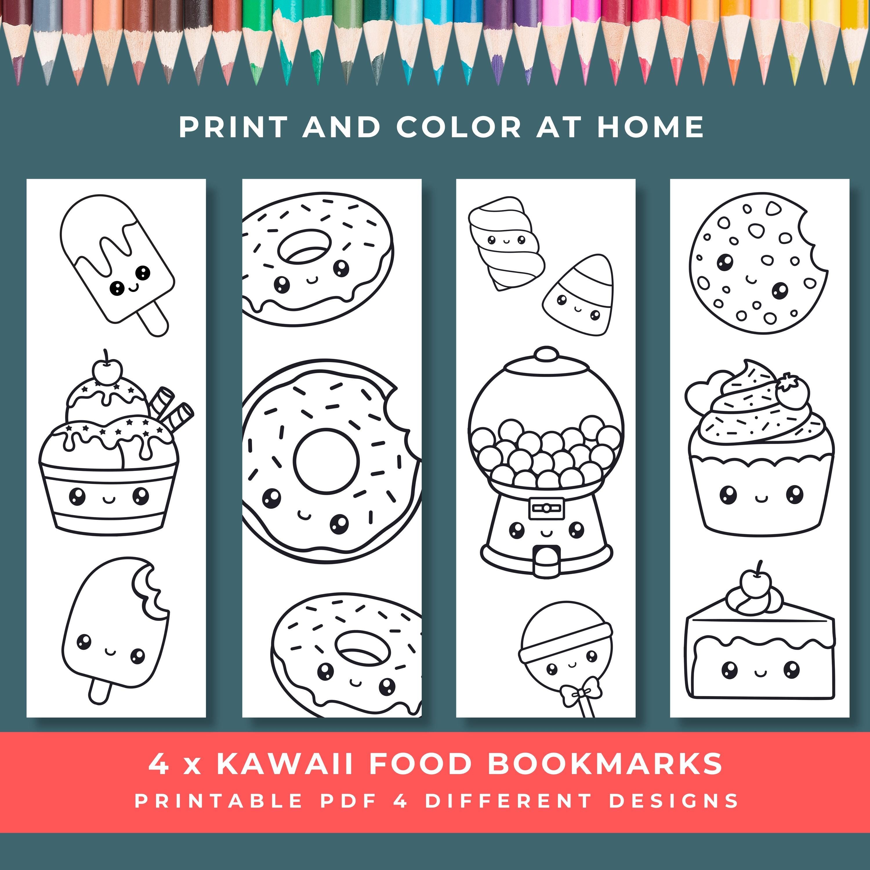 Kawaii Coloring Bookmarks, Printable Bookmarks to Color, Cute Food ...
