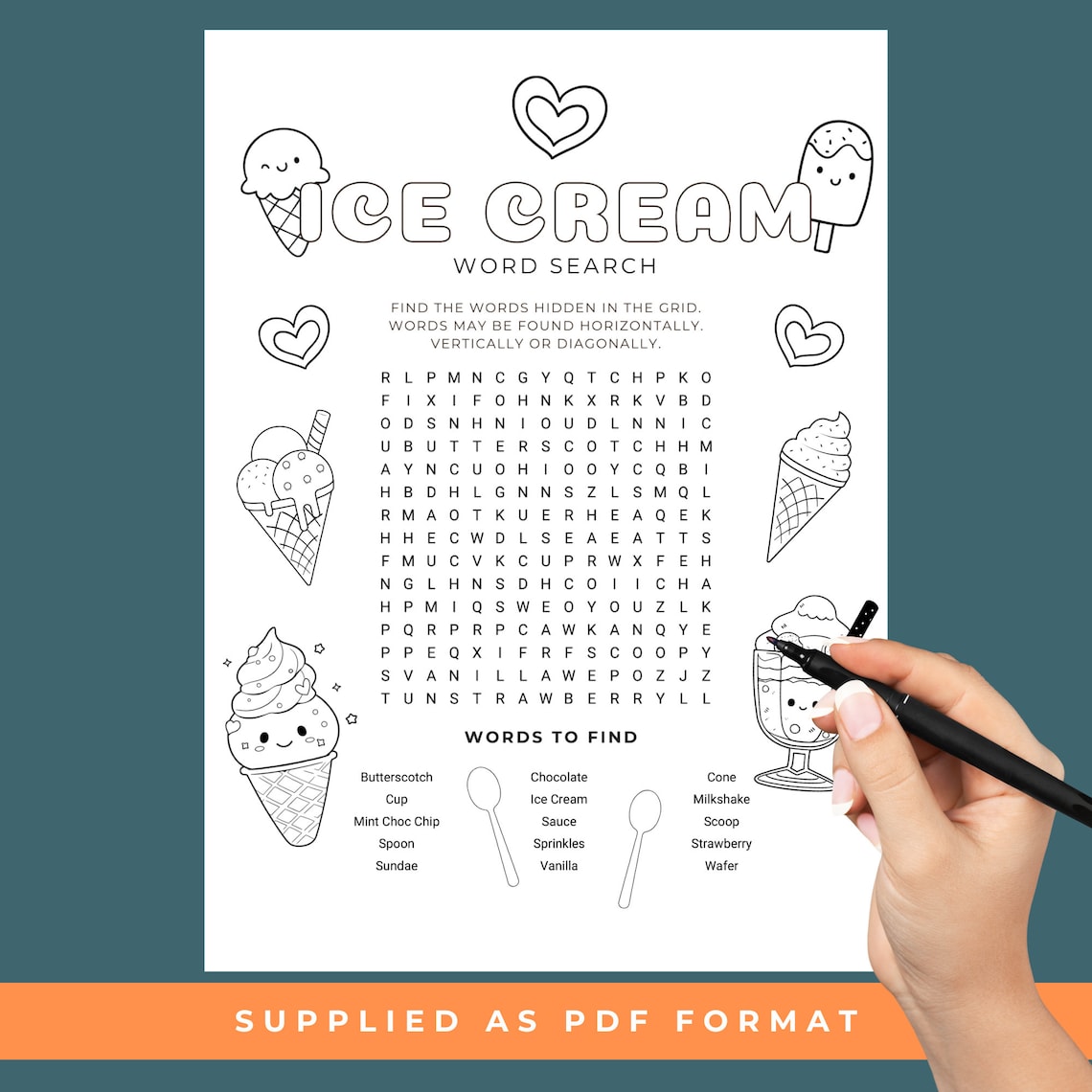 Ice Cream Word Search, Printable Coloring Word Puzzle, Ice Cream Party ...