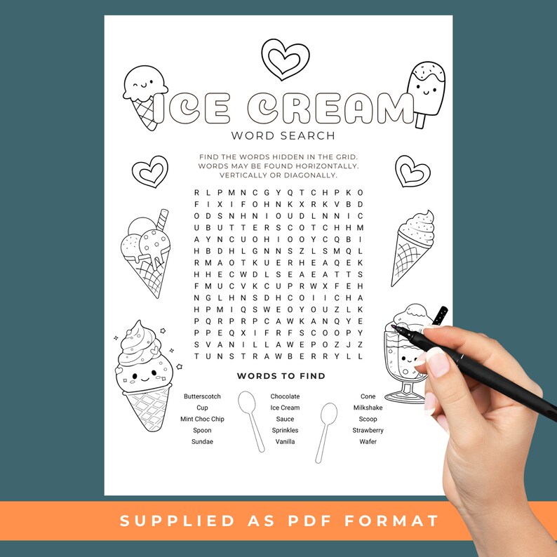 Ice Cream Word Search, Printable Coloring Word Puzzle, Ice Cream Party ...