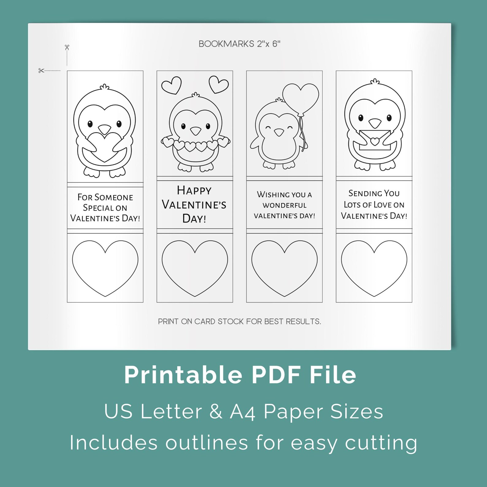 Valentine’s Day Bookmarks to Color, Valentine Penguin Coloring ...