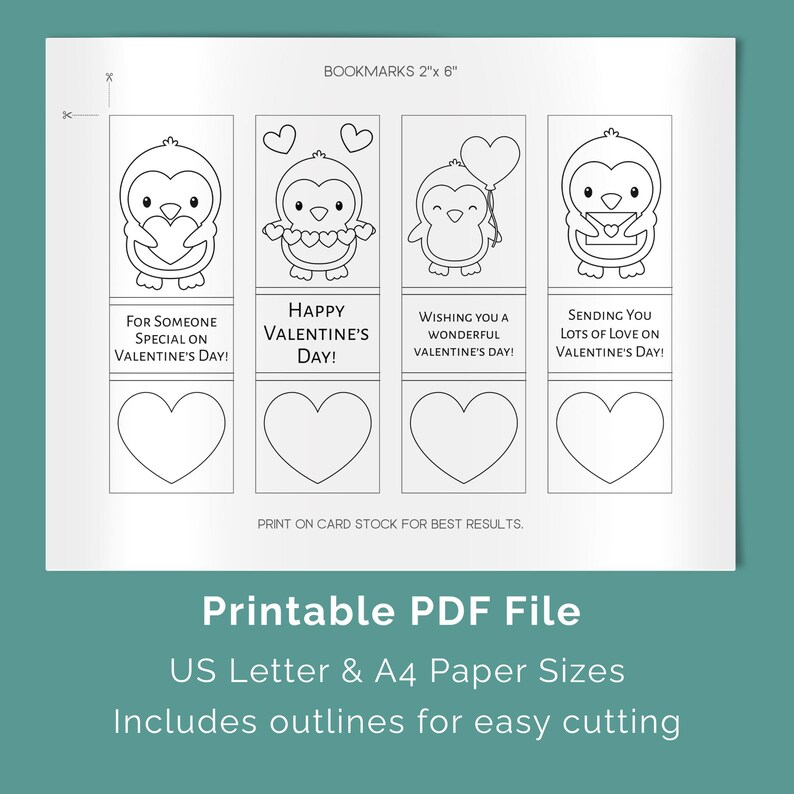 Valentine’s Day Bookmarks to Color, Valentine Penguin Coloring ...